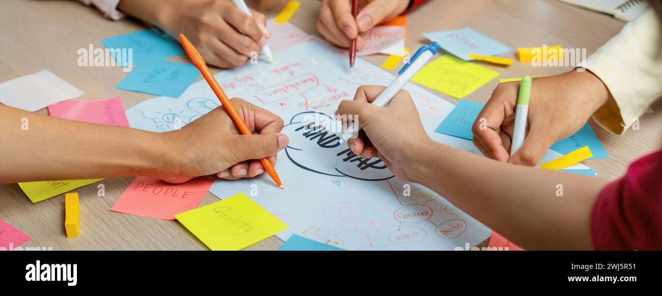 Professional startup group share creative marketing idea by using mind ...