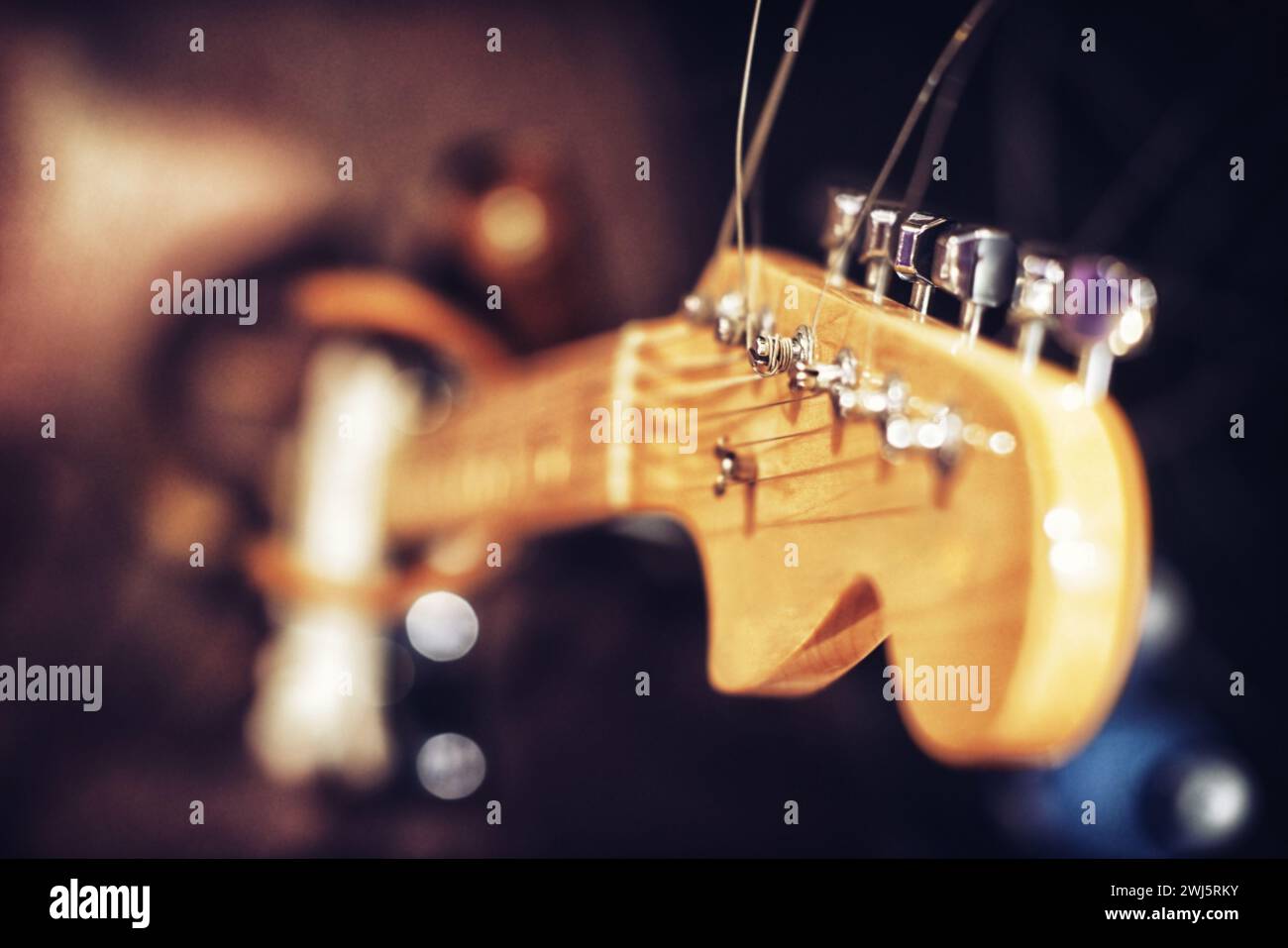 Closeup, guitar and music in studio for band, rehearsal and session to ...