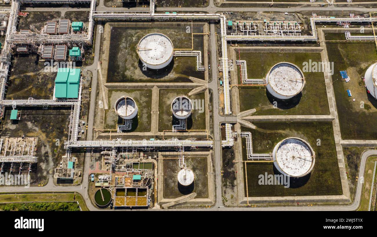 Aerial view of oil terminal is industrial facility for storage of oil ...