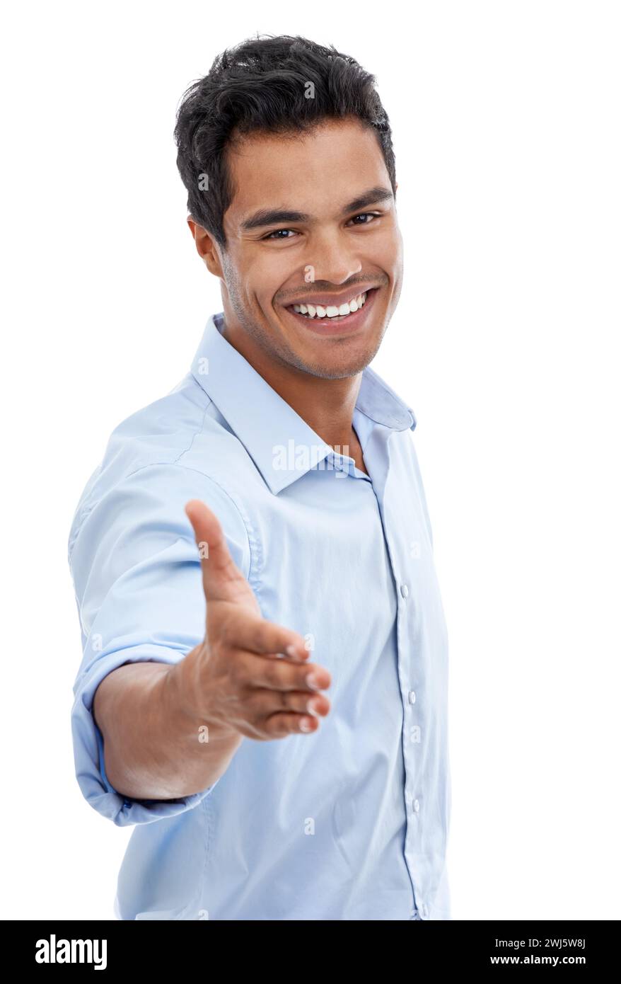 Handshake, offer and professional man in studio meeting for job ...