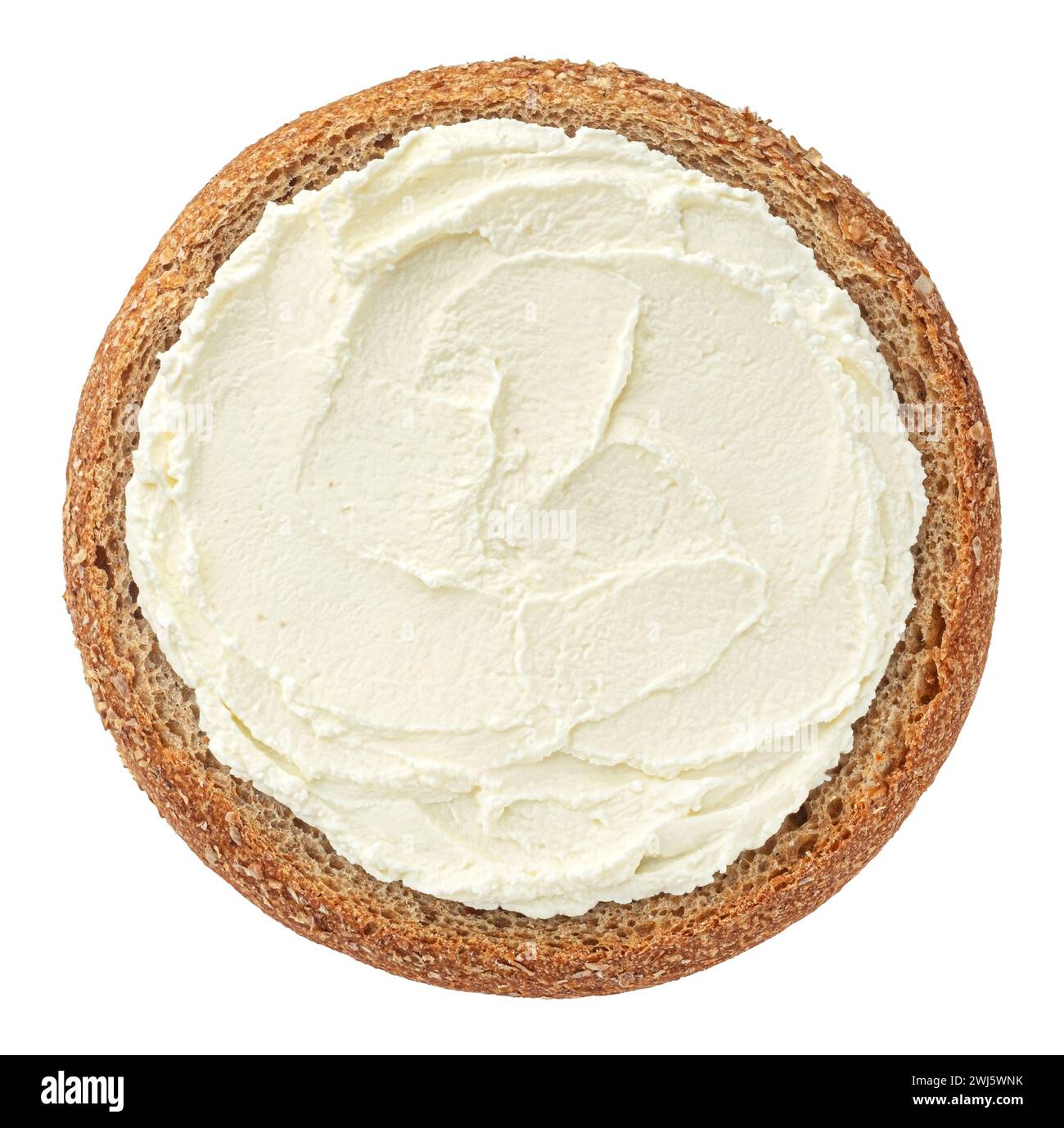 Round slice of rye bread with cream cheese, top view Stock Photo - Alamy
