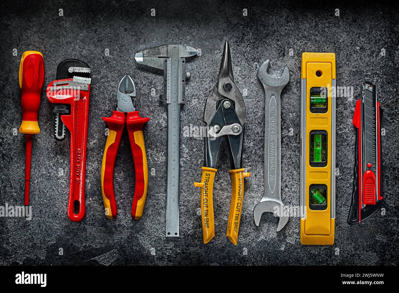 Construction Tools On Dark Background Flat Lay Stock Photo - Alamy
