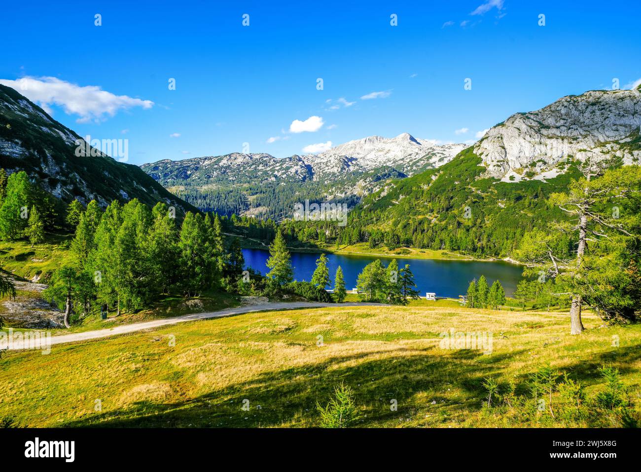 Großsee on the high plateau of the Tauplitzalm. View of the lake at the ...