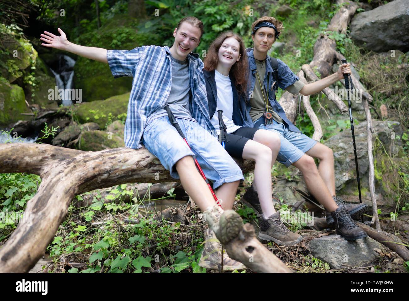 Group of friends with backpacks and sticks sitting on a fallen tree ...