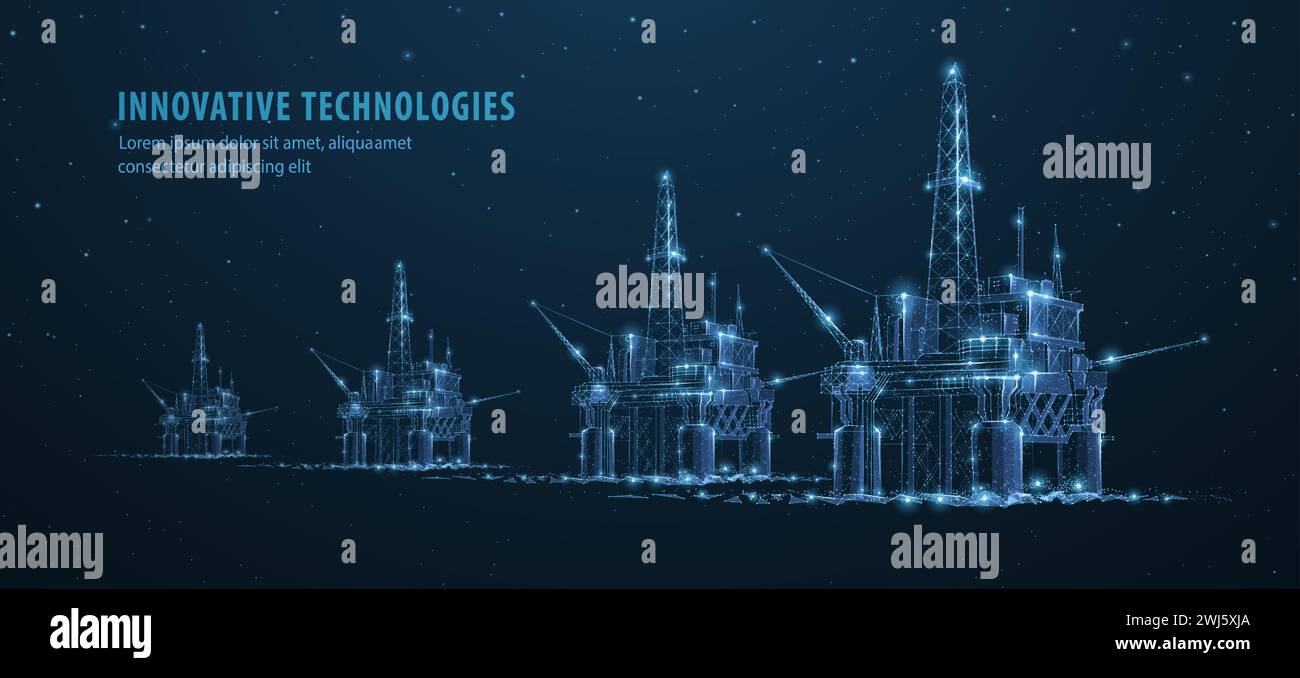 Oil rigs. Abstract 3d floating rig platforms isolated on blue. gas ...