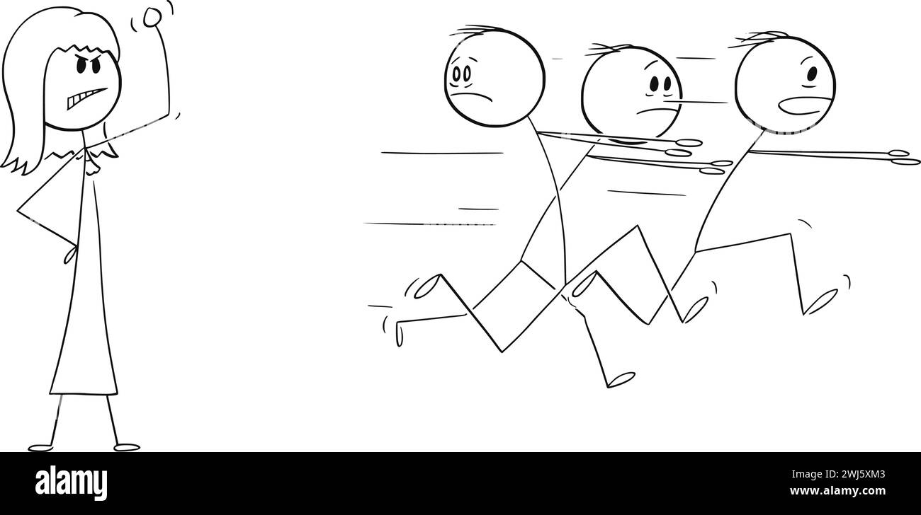 Group of Weak Men Running Away in Fear From Strong Woman, Vector ...