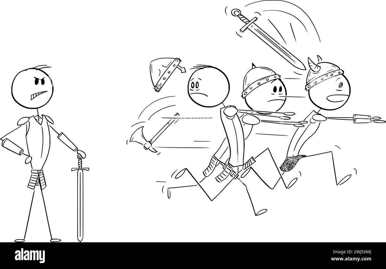 Group of Weak Men Running Away in Fear From Strong Warrior, Vector ...