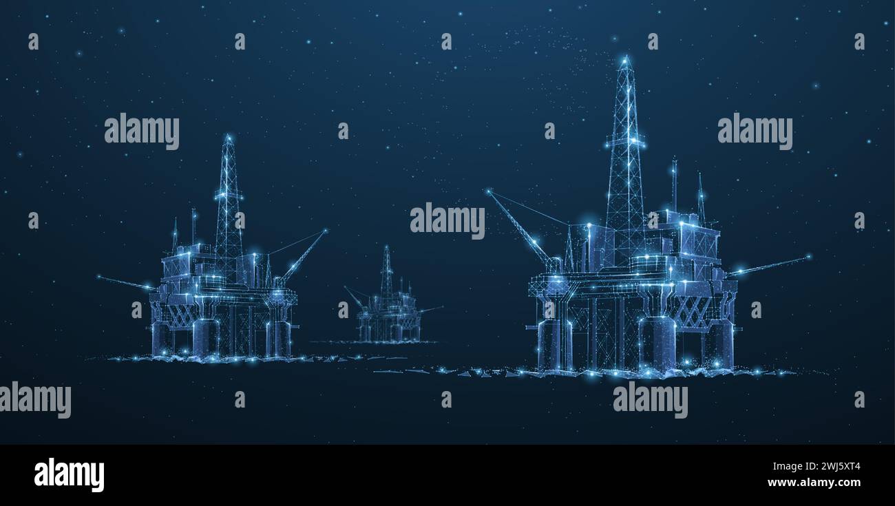Oil rigs. Abstract 3d floating rig platforms isolated on blue. gas ...