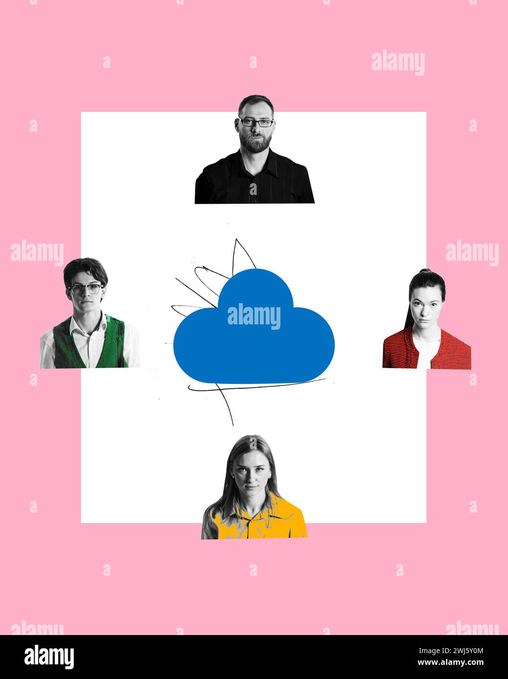 Modern aesthetic artwork. Four people with central cloud, symbolize ...