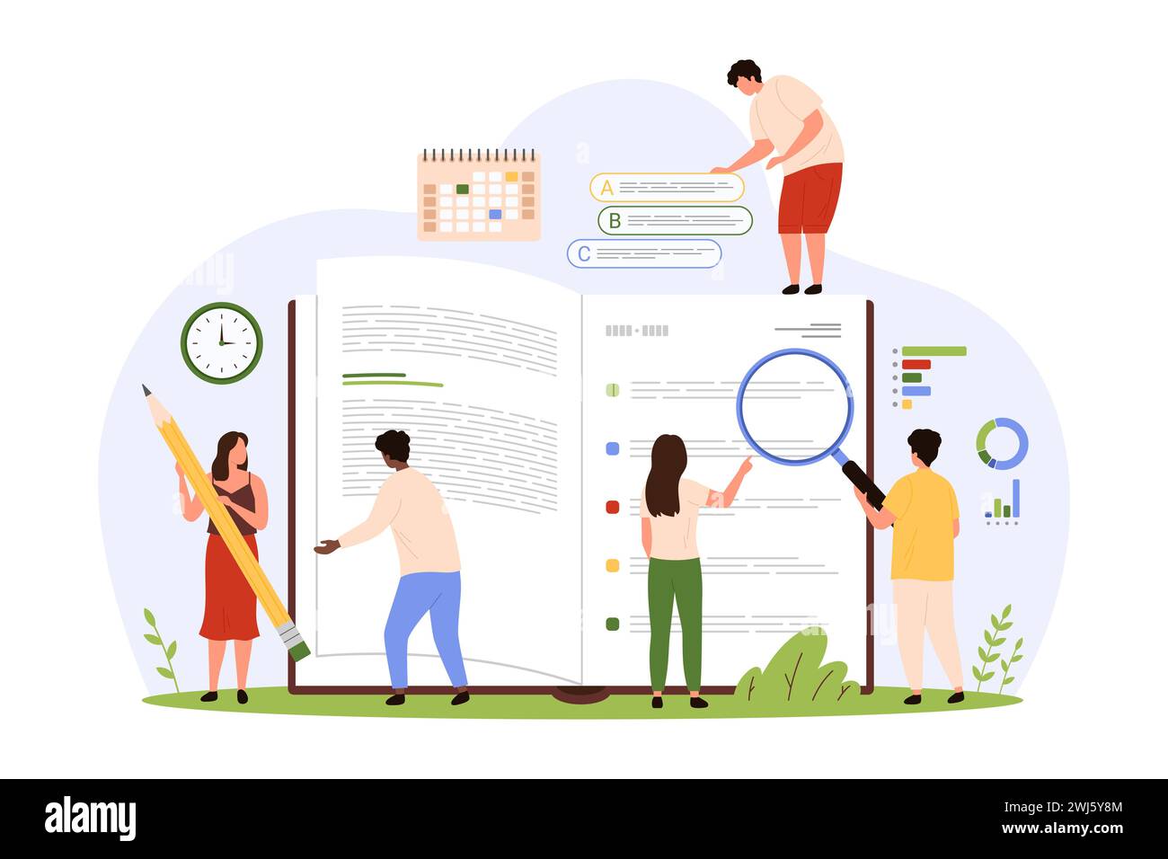 Information analysis, data inspection and evaluation. Tiny people look ...