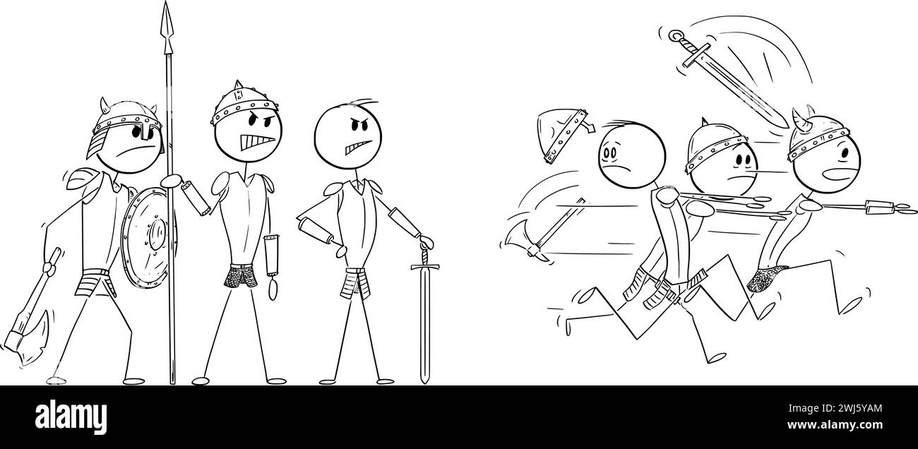 Group of Weak Men Running Away in Fear From Strong Warriors, Vector ...