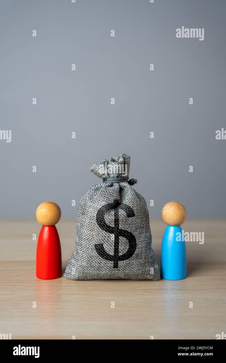 Opposing people and dollar money bag. Resolution of the dispute through ...