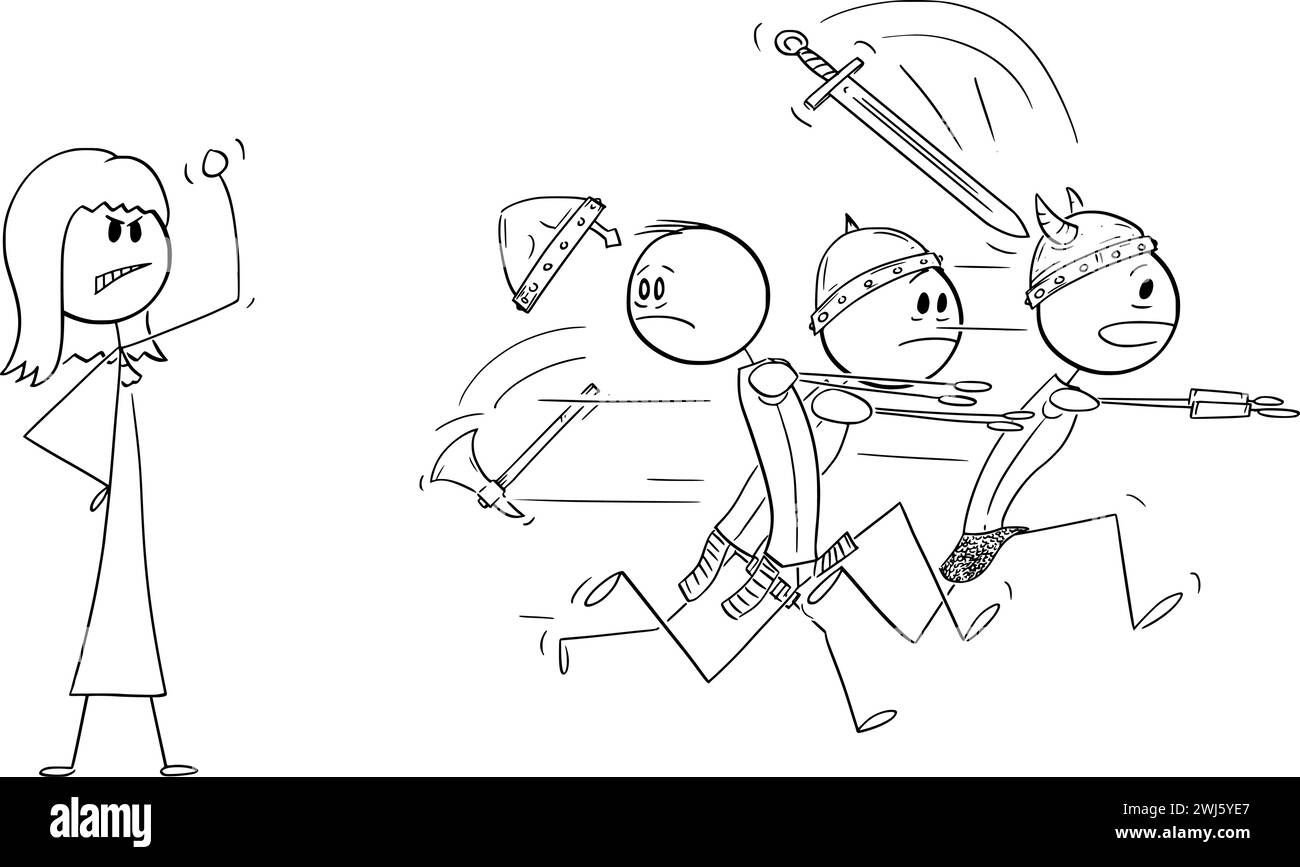 Group of Warriors or Knights Running Away From Woman, Vector Cartoon ...
