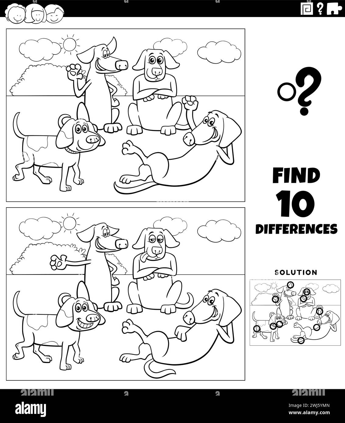 Cartoon illustration of finding the differences between pictures educational game with dogs and ...