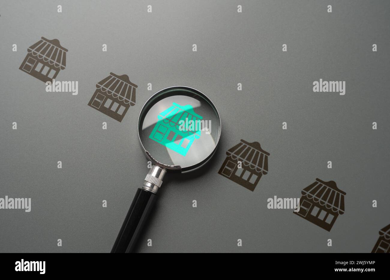 Magnifying glass and store. Shops and commercial real estate. Open a ...