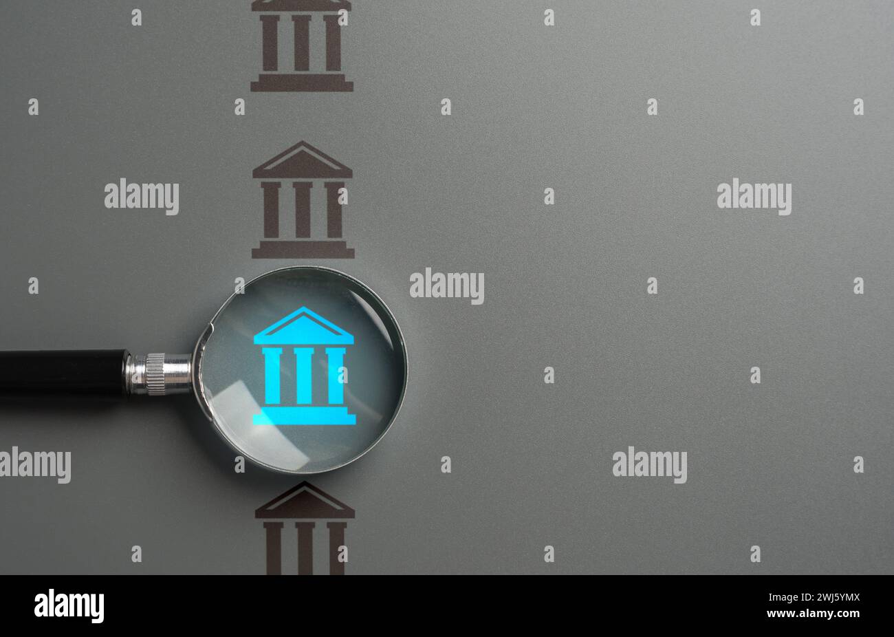 Bank research. Magnifying glass and a bank. Interest rates, investment ...