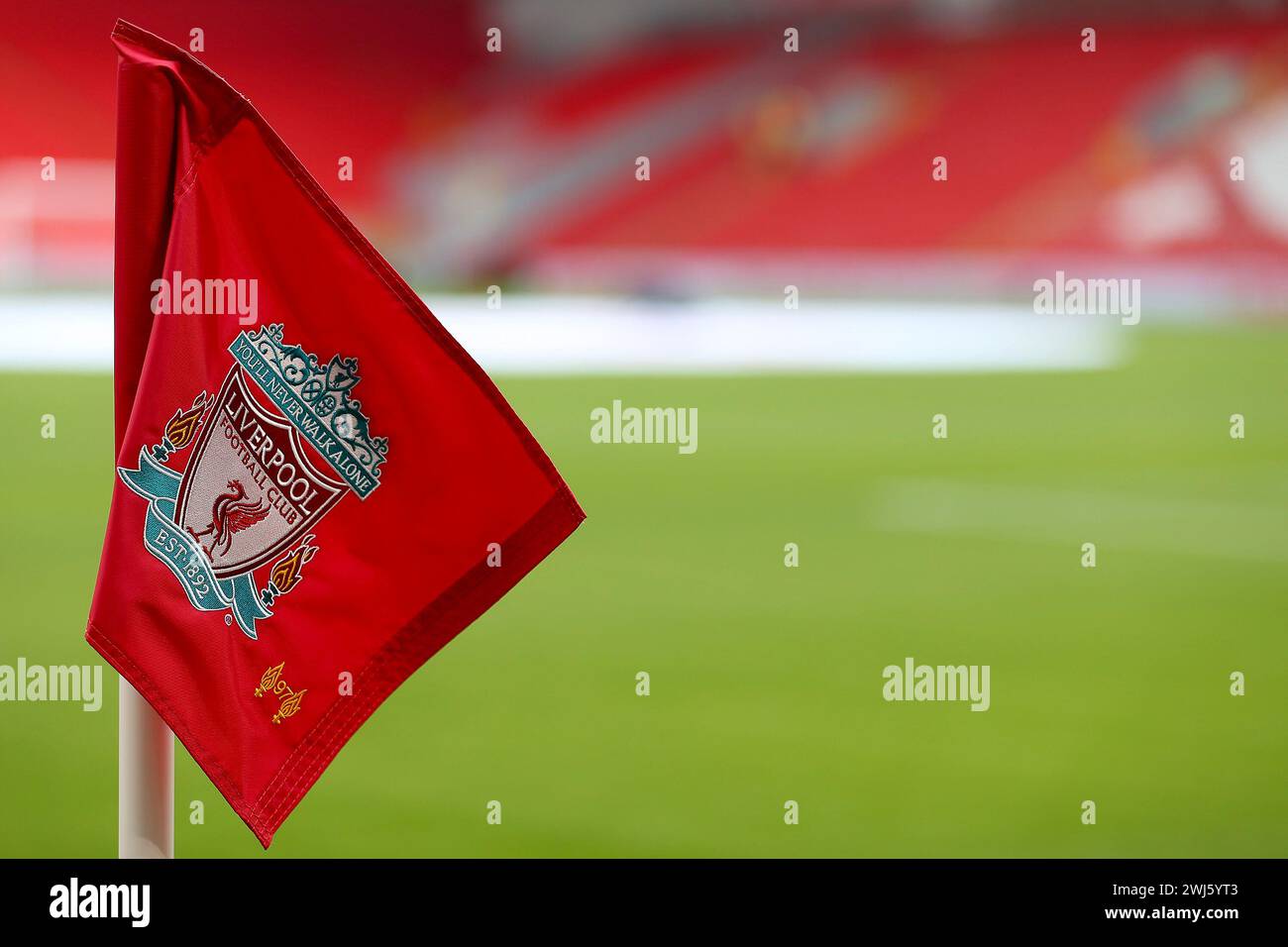 General view of the Liverpool FC corner flag. Premier League match ...
