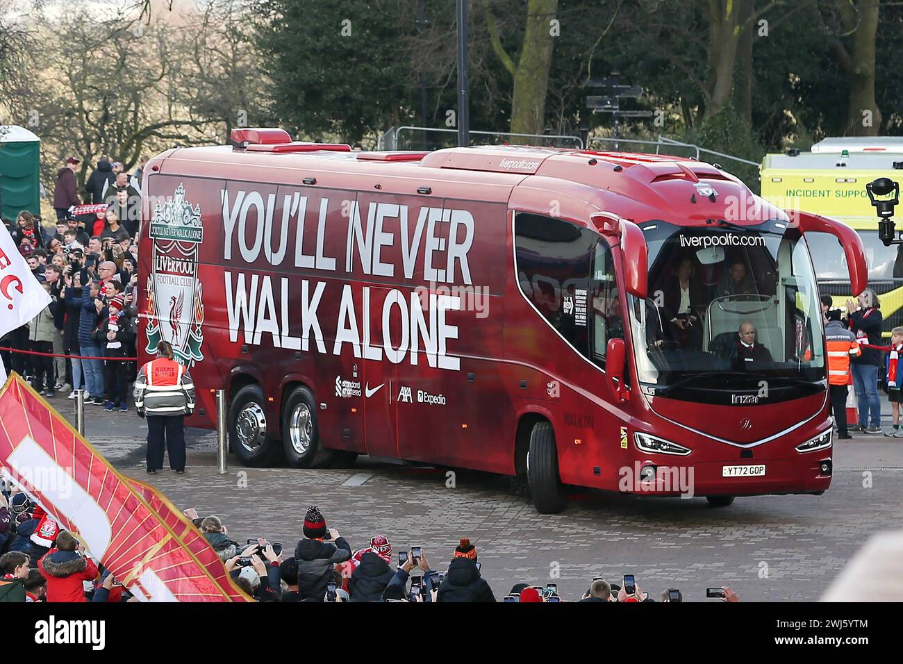 The Liverpool team buses arrive at the stadium. Premier League match ...