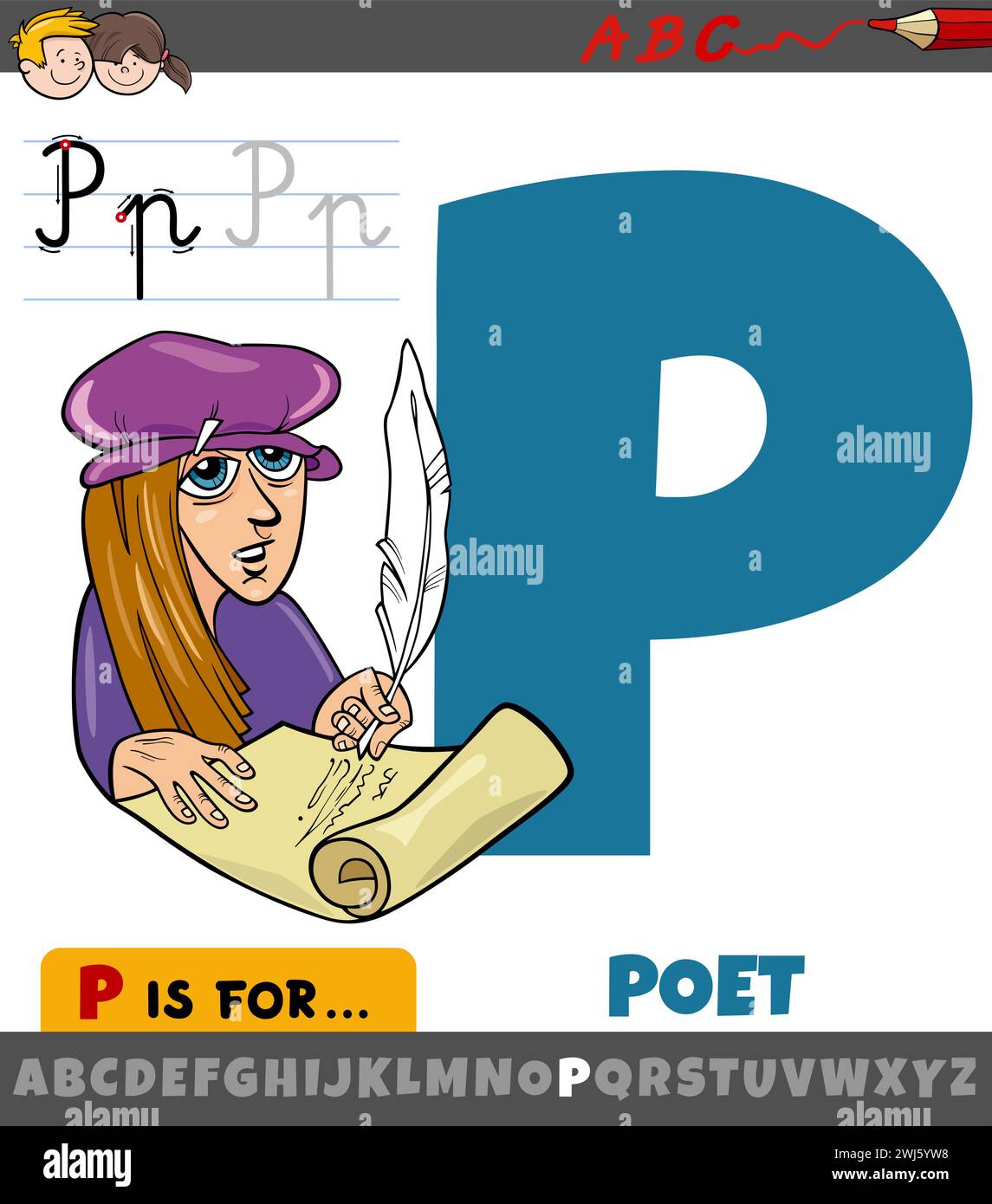Educational cartoon illustration of letter P from alphabet with poet ...