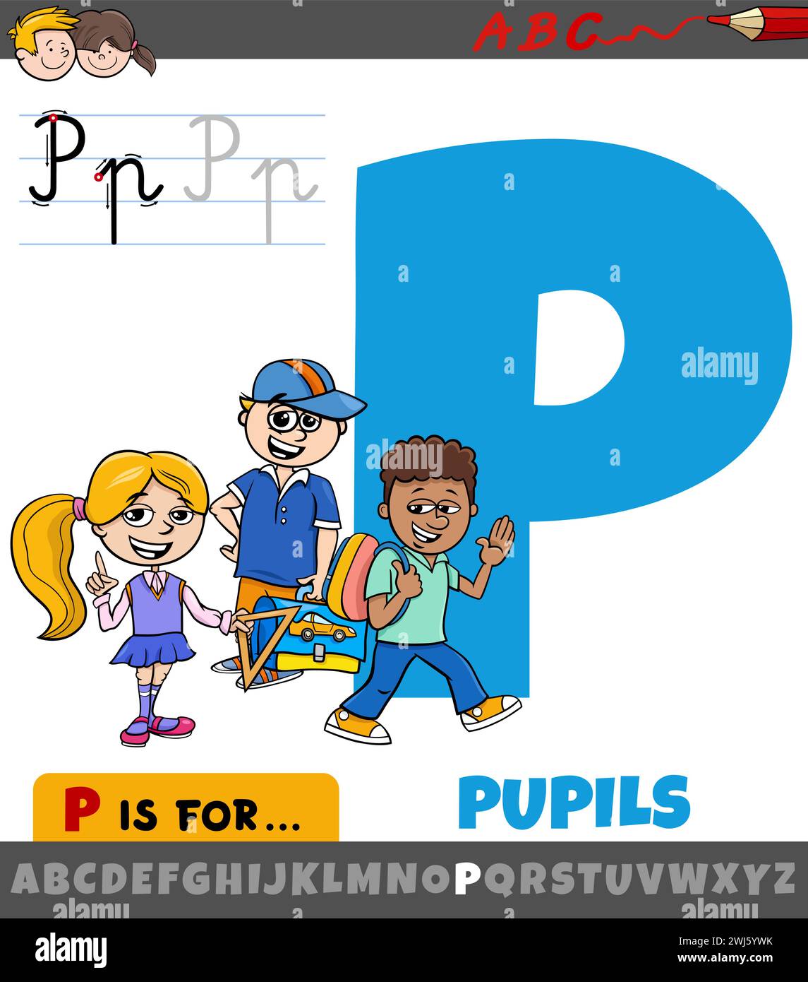 Educational cartoon illustration of letter P from alphabet with pupils ...