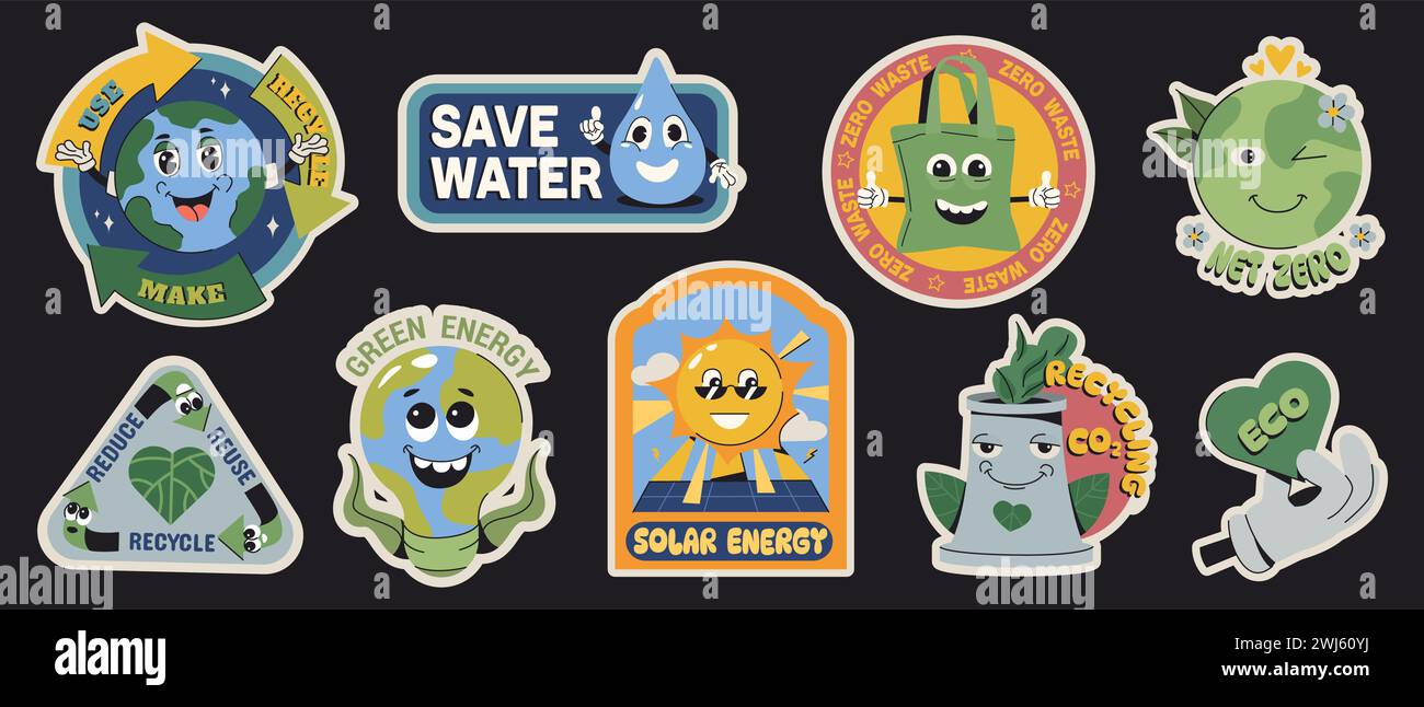 Groovy y2k retro cartoon ecology stickers. Funny earth characters with ...