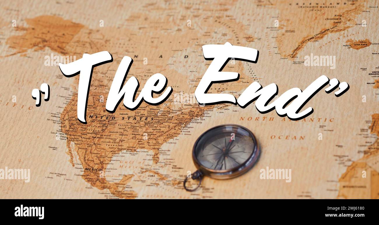 Digital image of a white The End sign appearing in the screen while ...