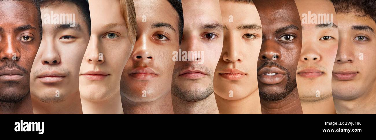 Collage made of cropped close-up portraits of different young men of ...