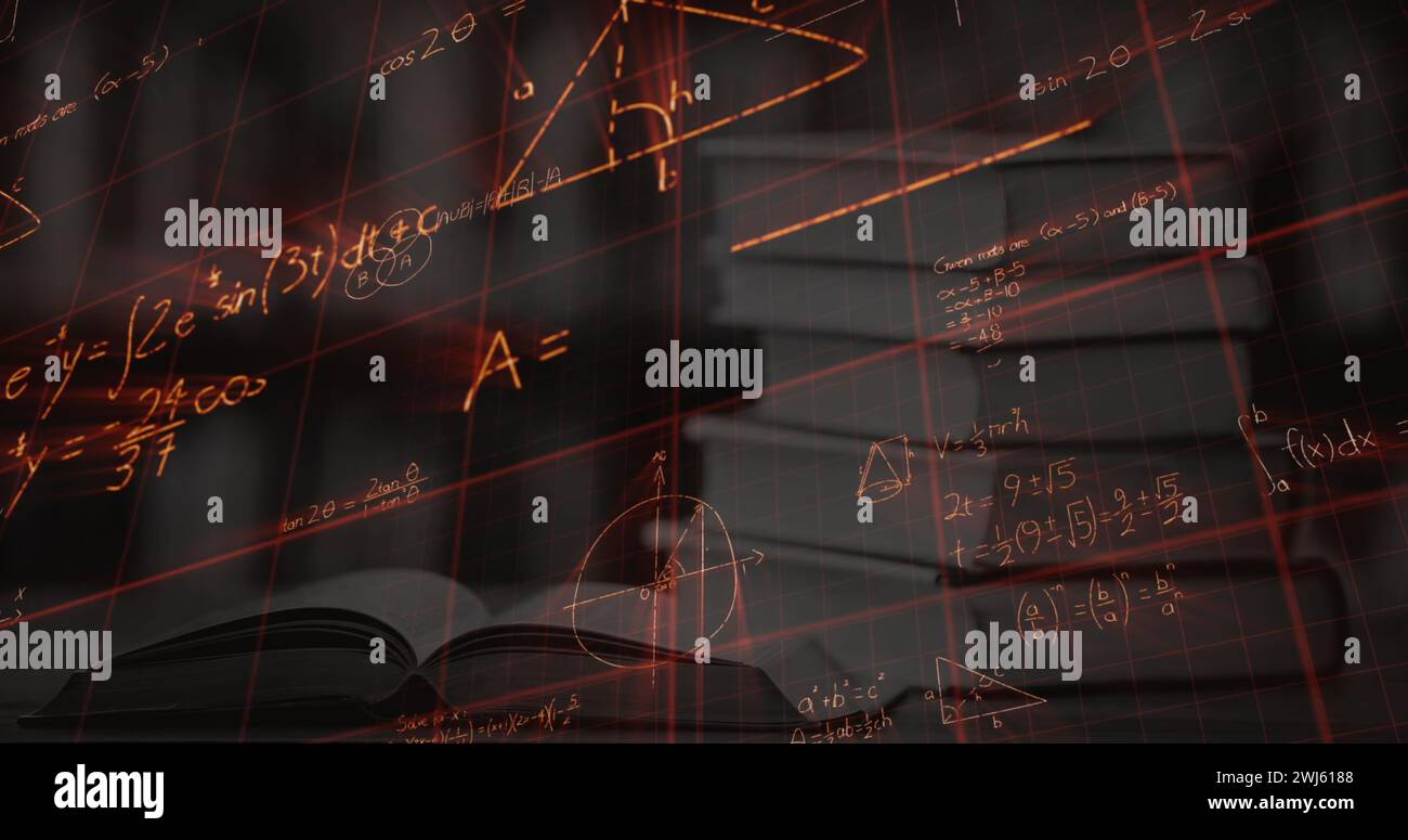 Glowing equations and figures animate over a backdrop of books, one ...