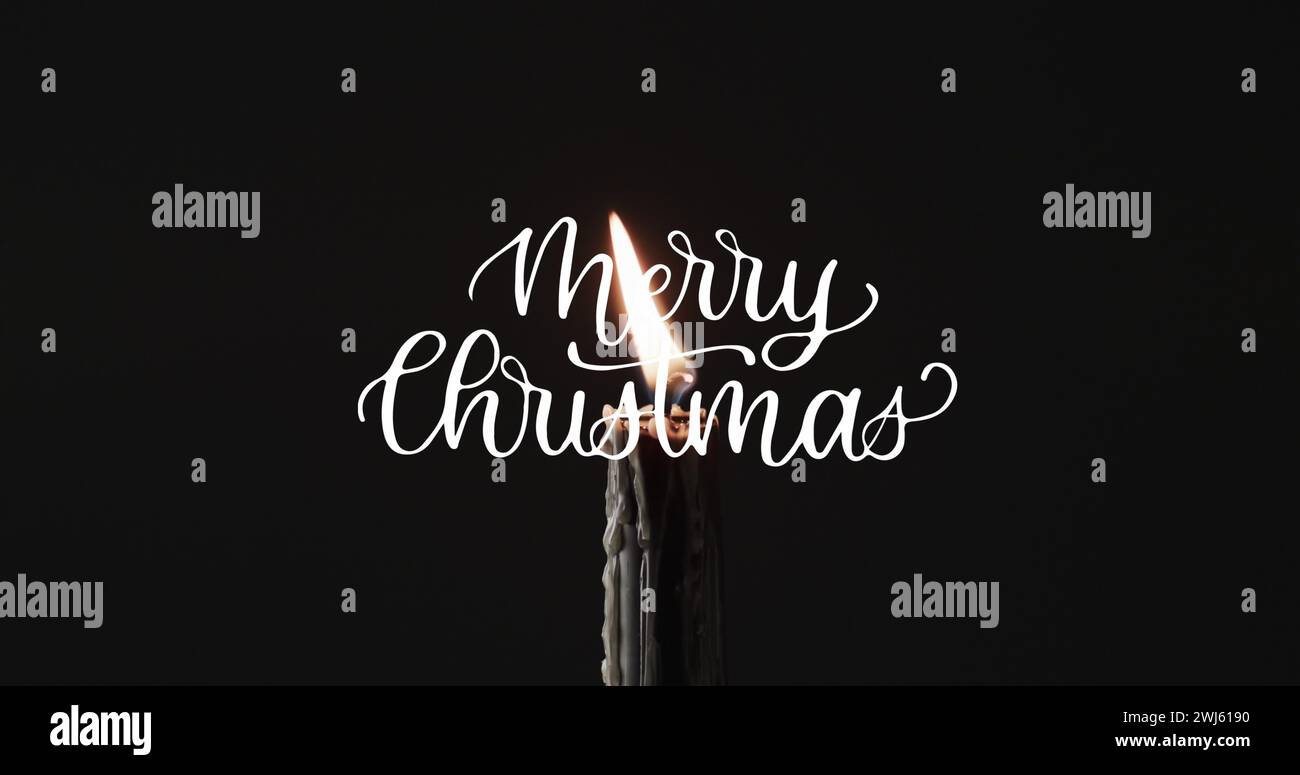 Image of merry christmas text over lit candle on black background Stock ...