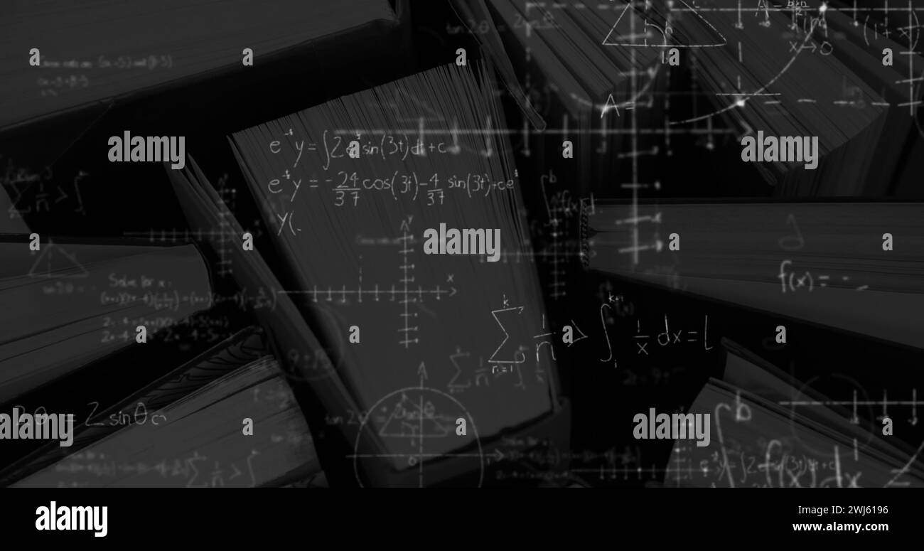 Digital image of mathematical equations with figures zooming in the ...