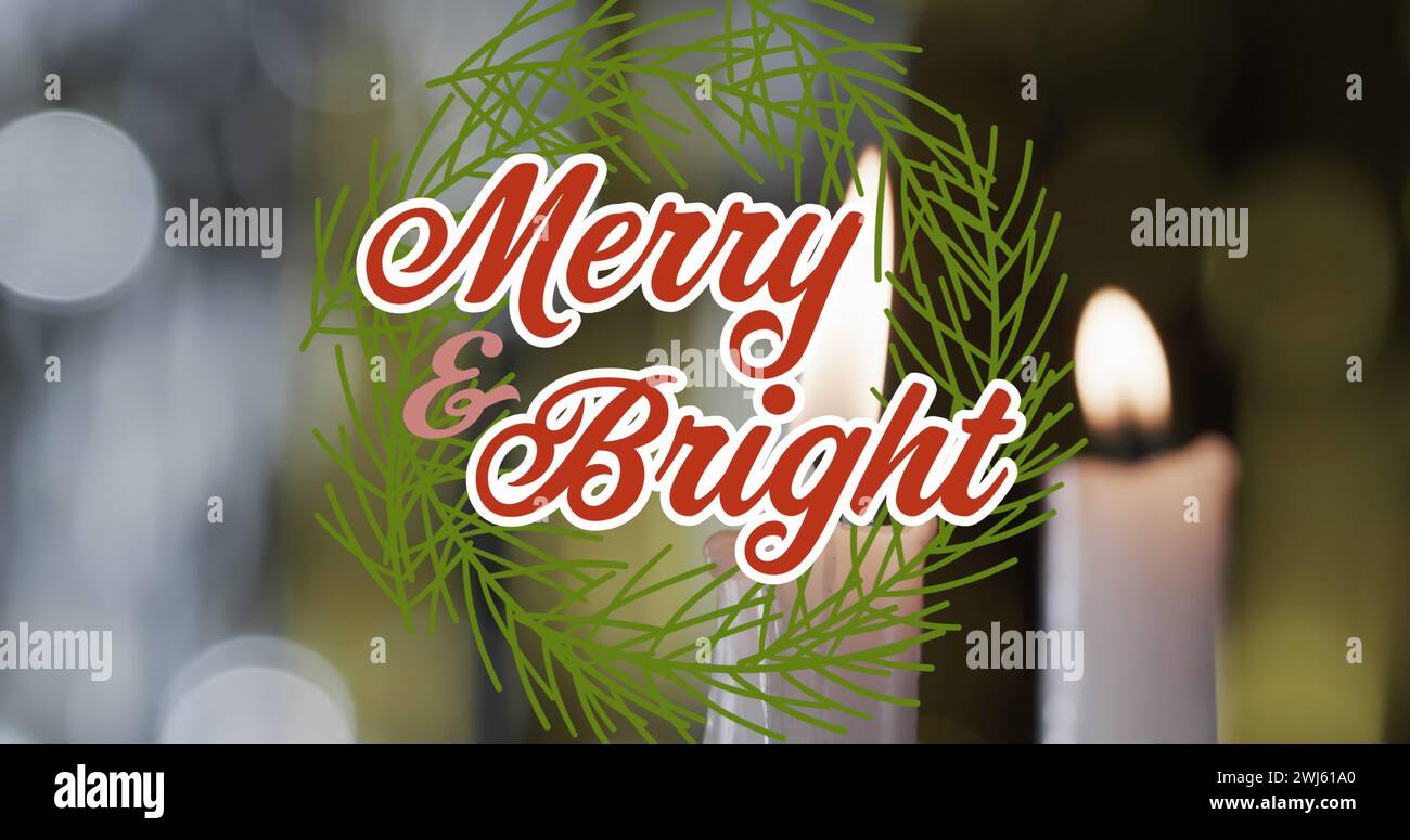 Image of merry and bright text over lit candles background Stock Photo ...