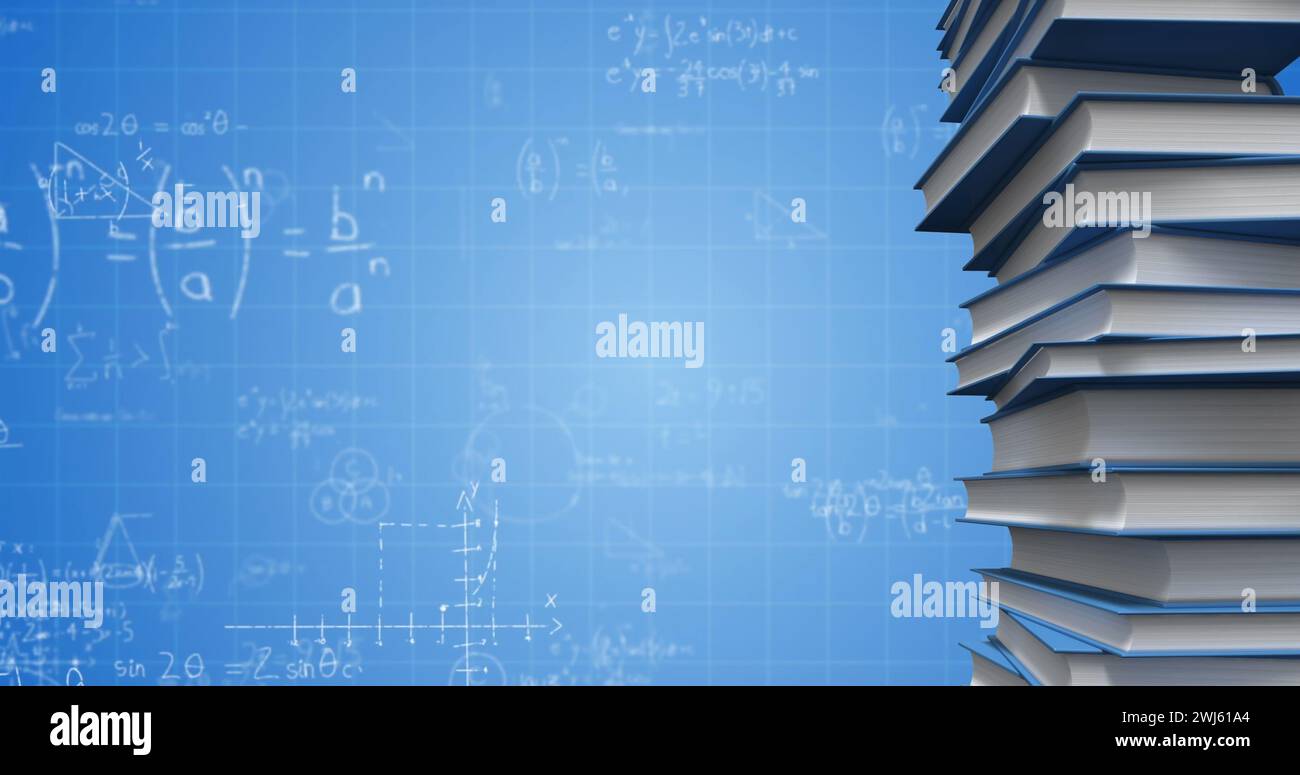 Image shows books and math equations on a patterned blue background ...