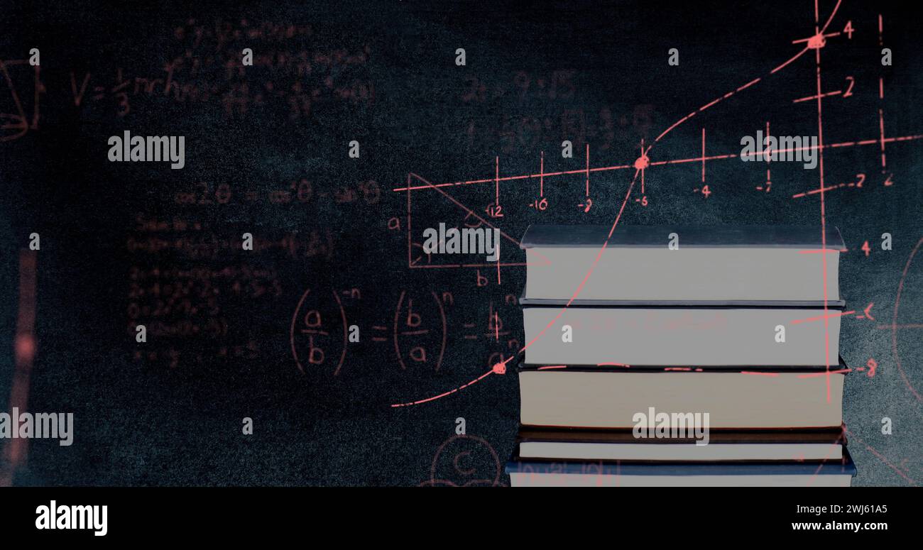 Digital composite features books with math equations and graphs on ...