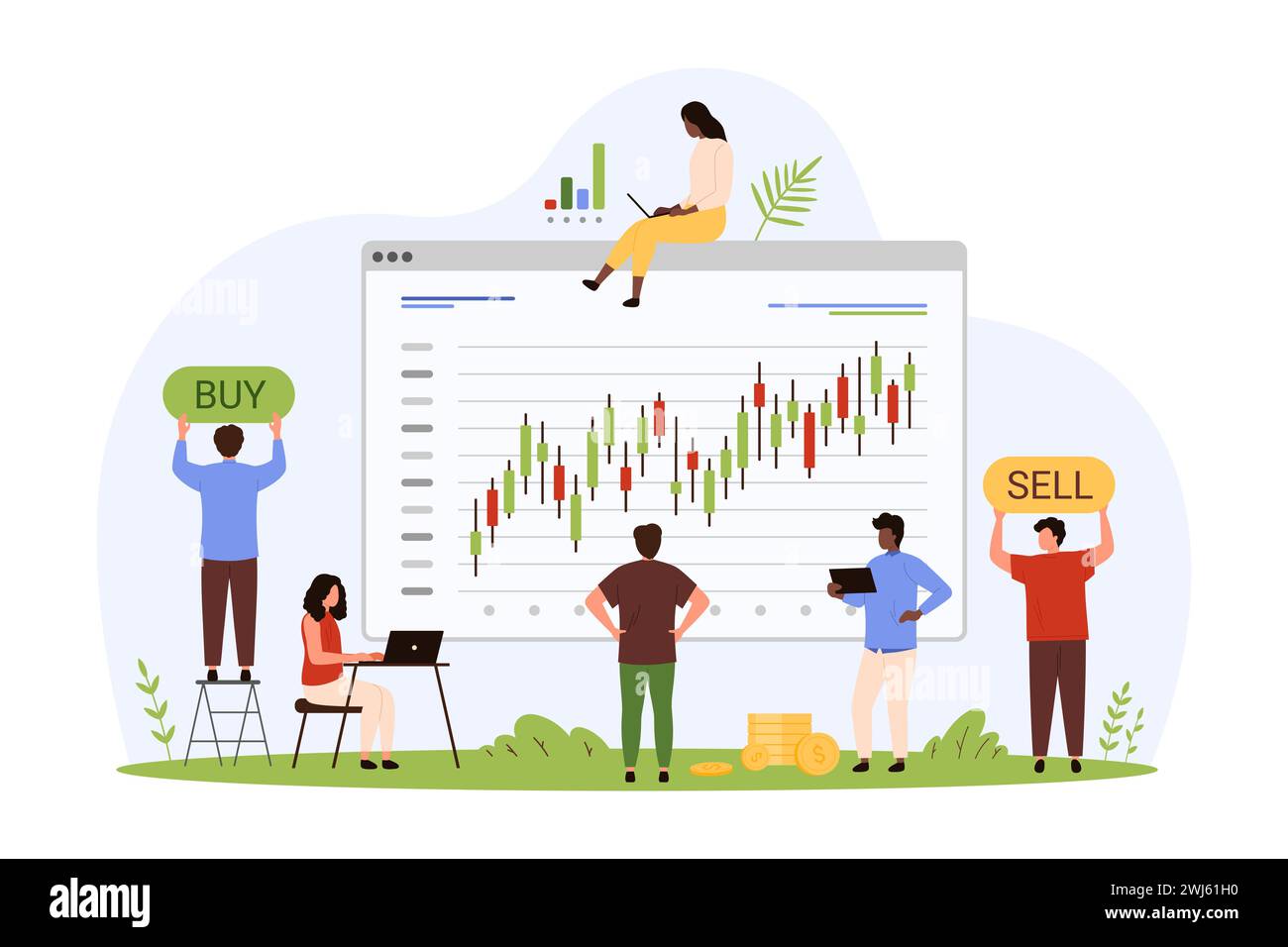 Stock market analytics for investment success, trading. Tiny people ...