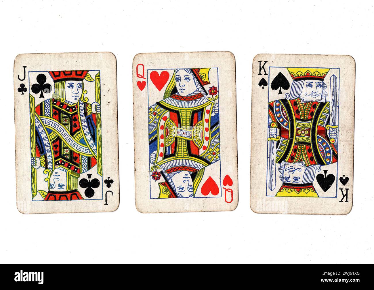 Vintage playing cards showing a jack, queen and king isolated on a ...