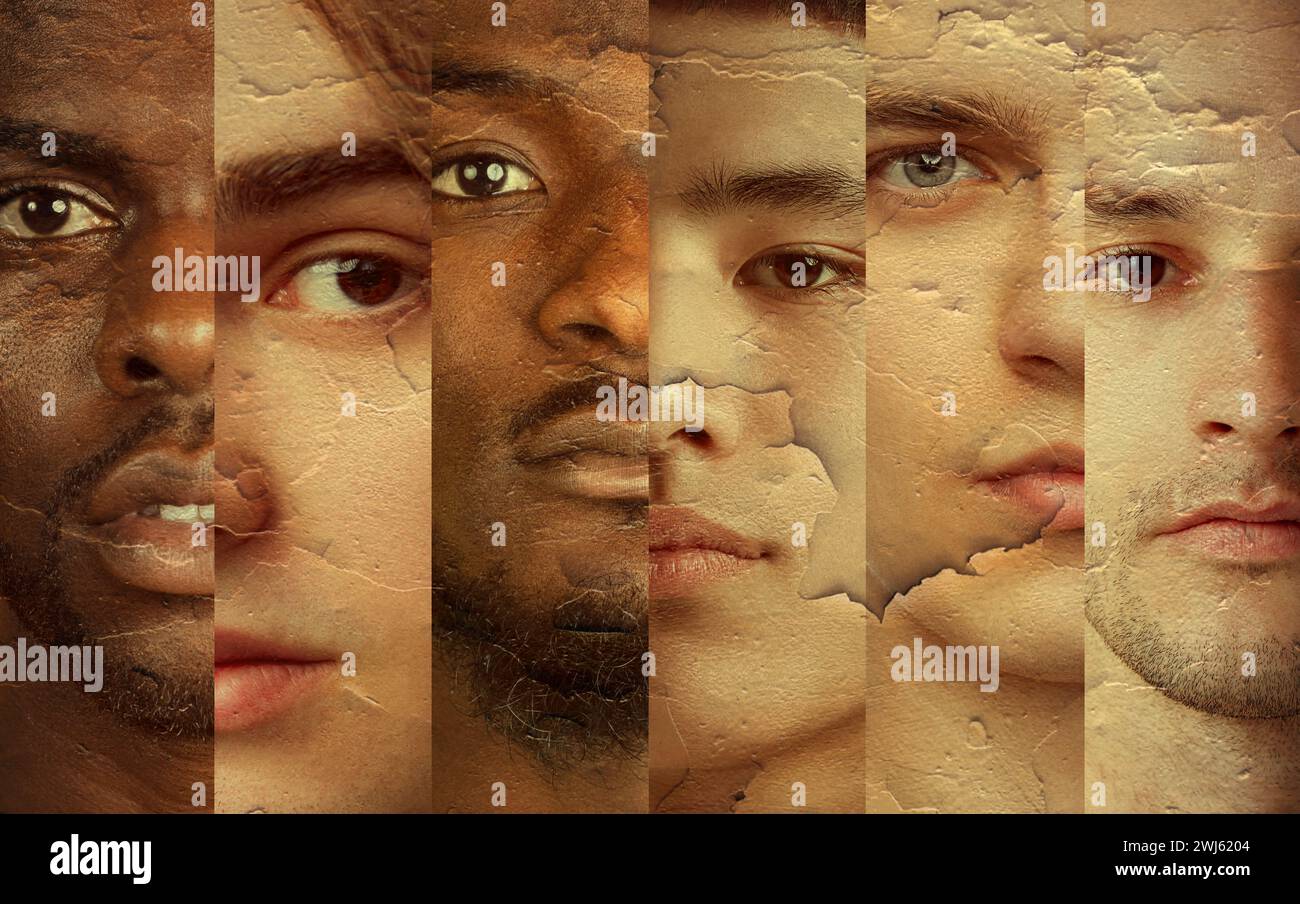 Collage made of cropped close-up portraits of different young men with ...
