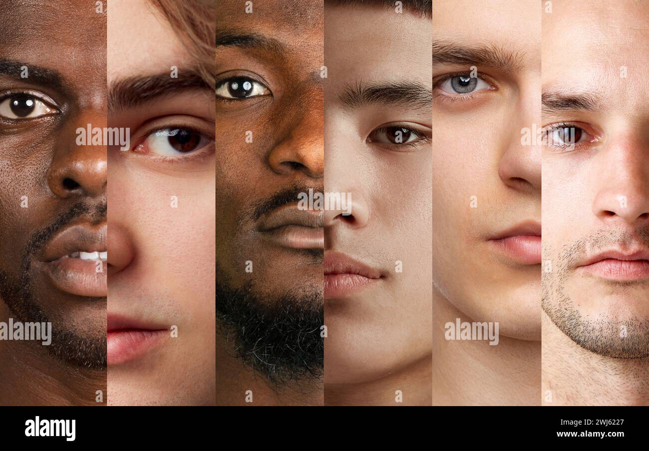 Collage made of cropped close-up portraits of different young men with ...