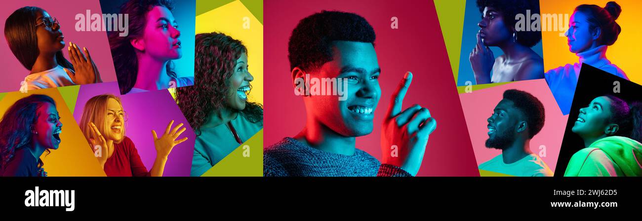 Collage made of close-up portrait of young people of different age ...