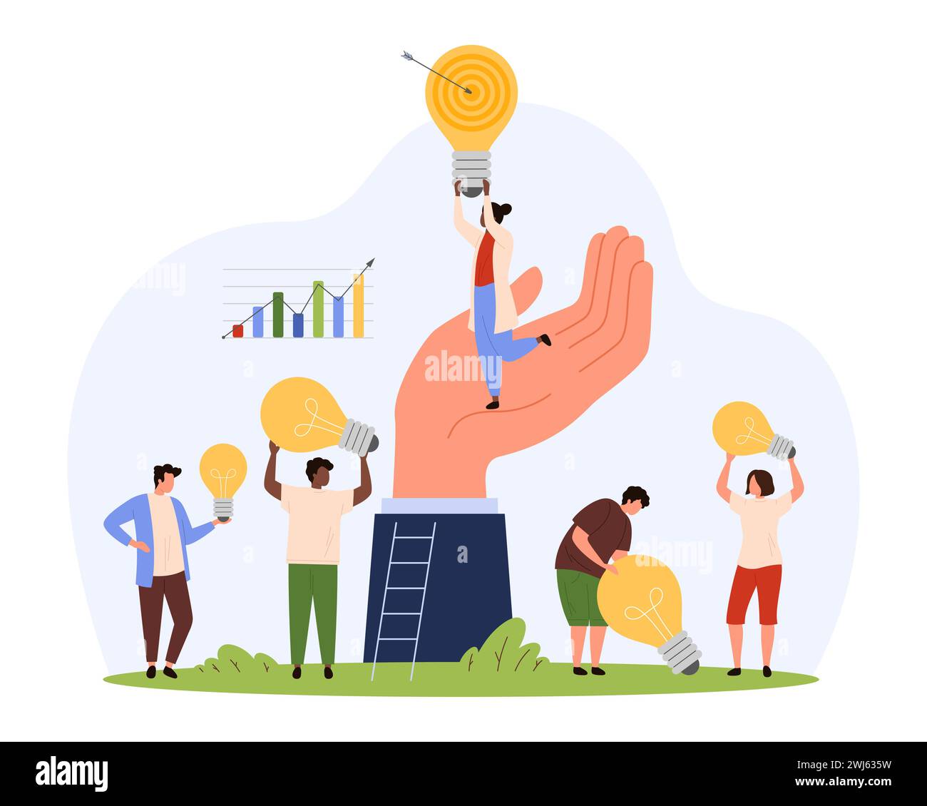 Support for employee smart innovation ideas from boss. Giant hand of ...