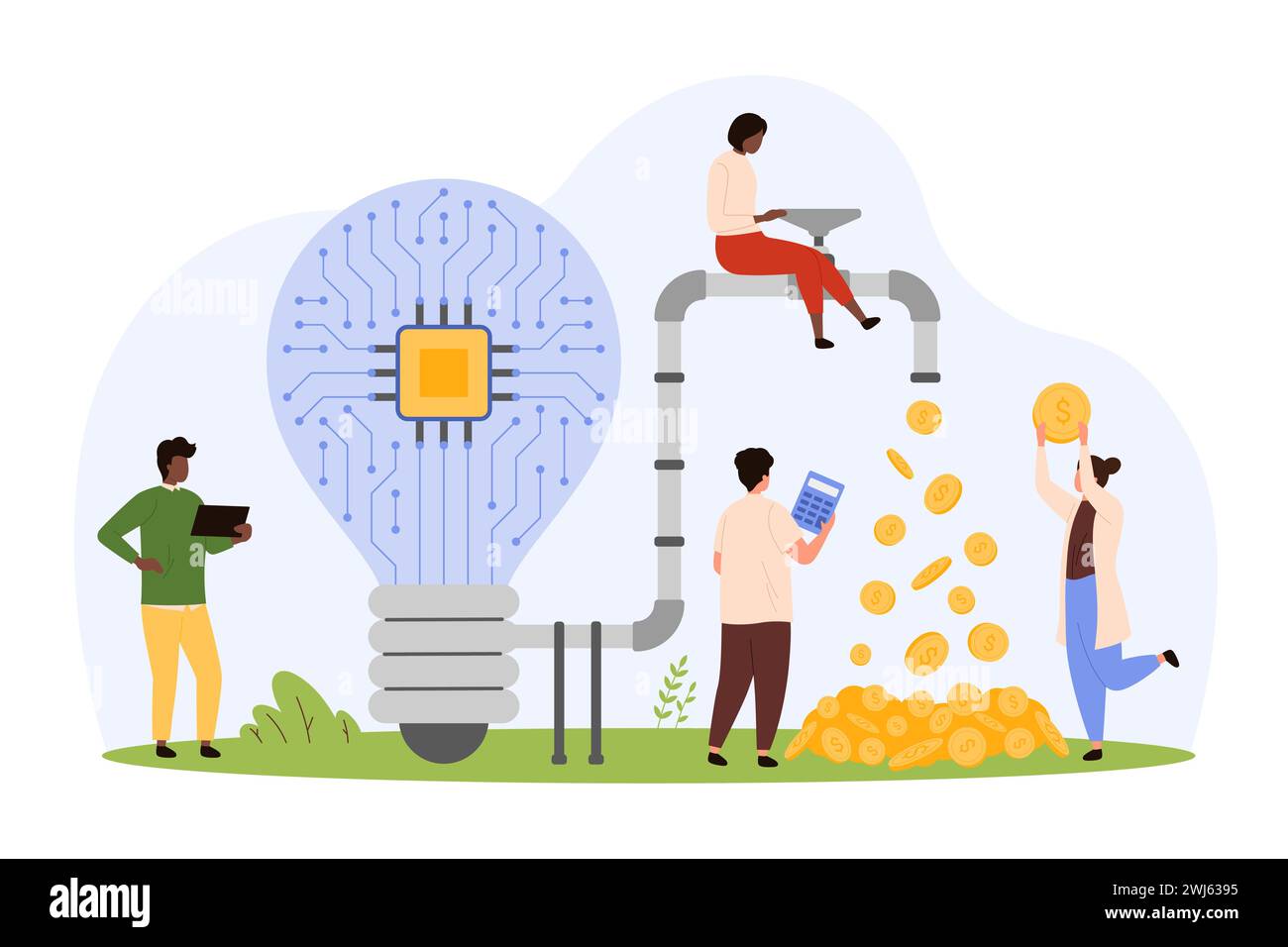 Money flow of income from digital project, intellectual property. Tiny ...