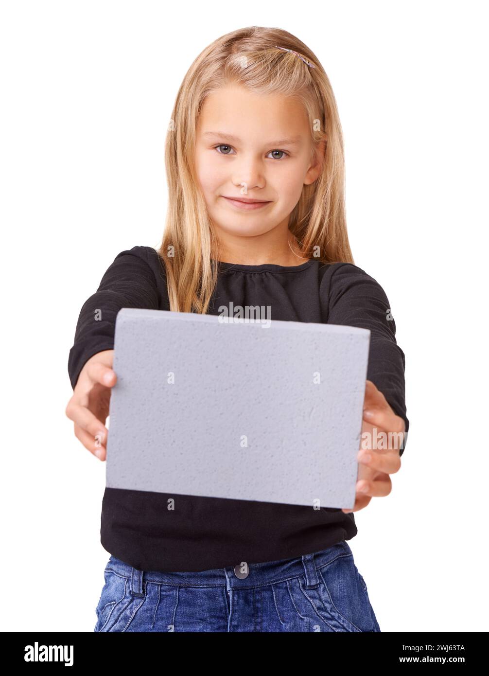 Poster, presentation and smile with portrait of child in studio for ...