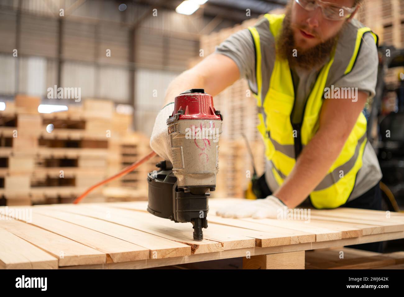 Young workers working in a woodworking factory, Using a nailing machine ...