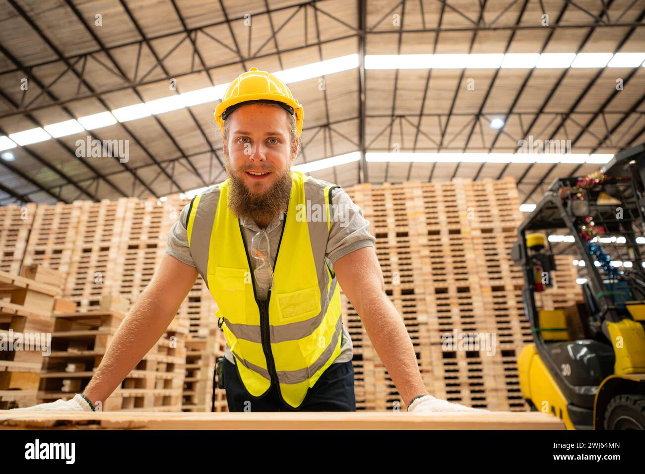 Portrait of young male carpenter working in a woodworking factory, He ...