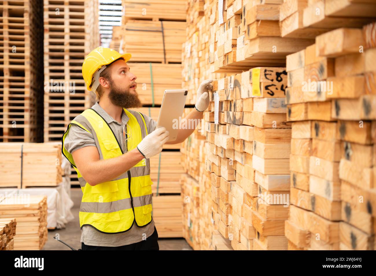 Portrait of warehouse worker checking stock of wooden pallets in ...