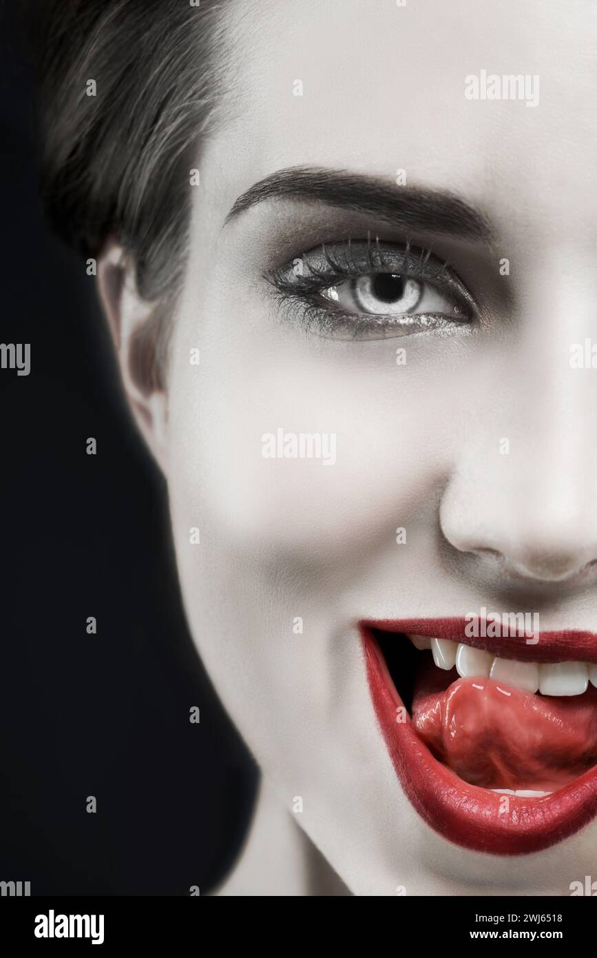 Woman, portrait and gothic lips in studio for beauty, cosmetics and ...