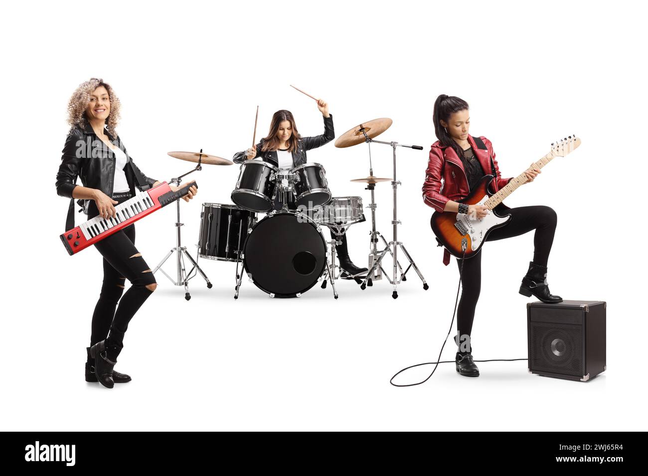 Female music band with a drummer and guitarists isolated on white ...