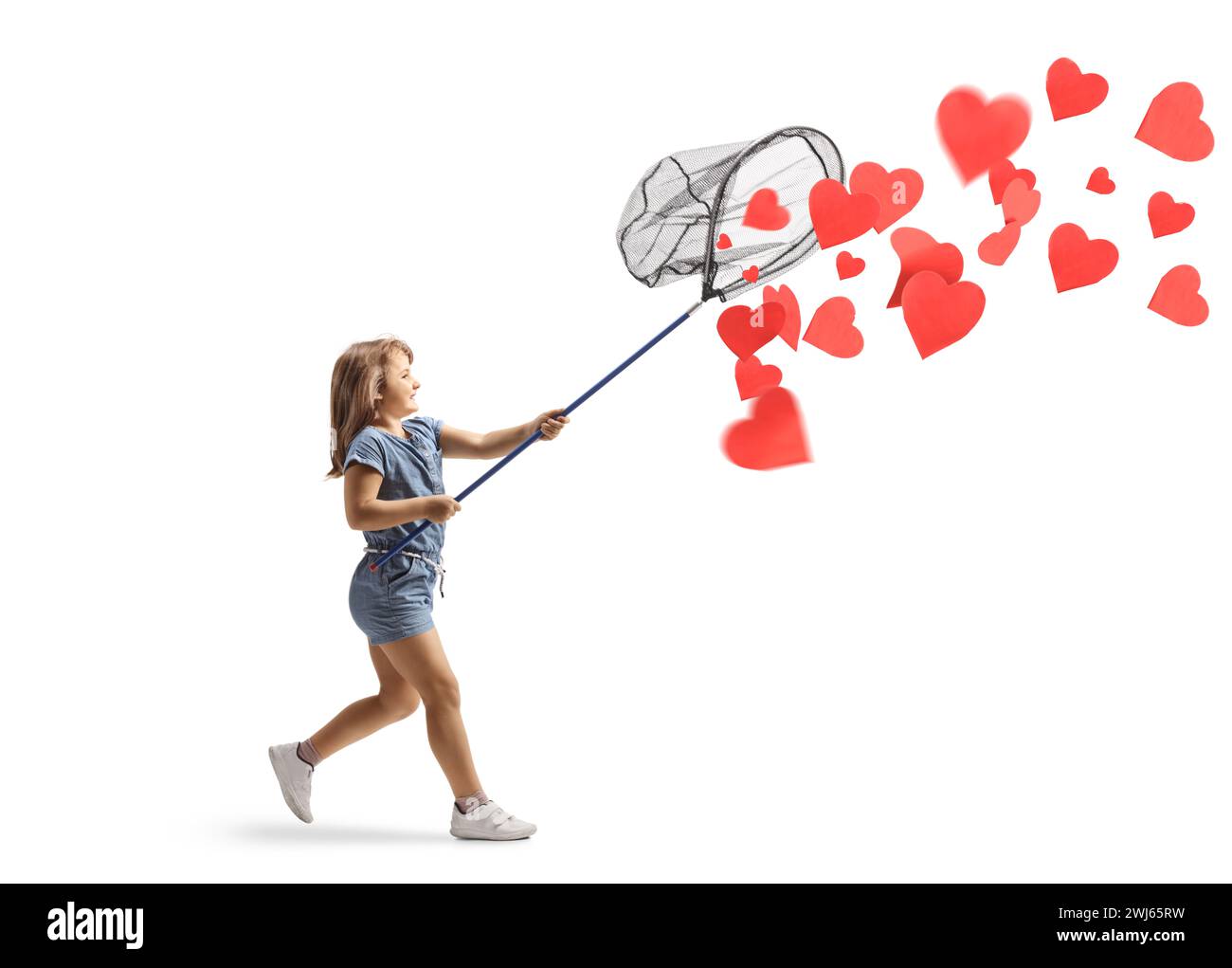 Little girl running and catching hearts with a net isolated on white ...
