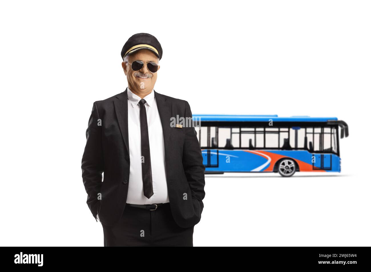 Professional mature chauffeur posing in front of a city bus isolated on ...