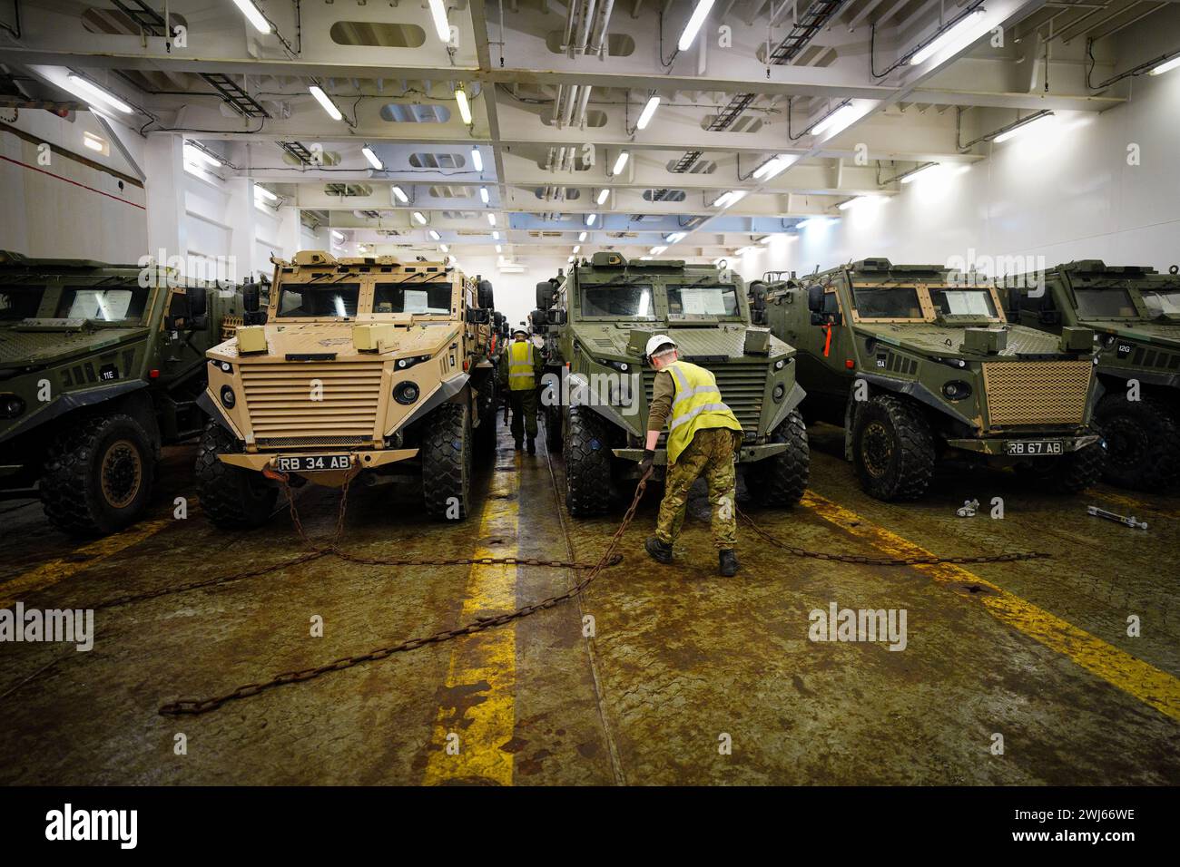 Vehicles and equipment after being loaded onboard MV Anvil Point at the ...