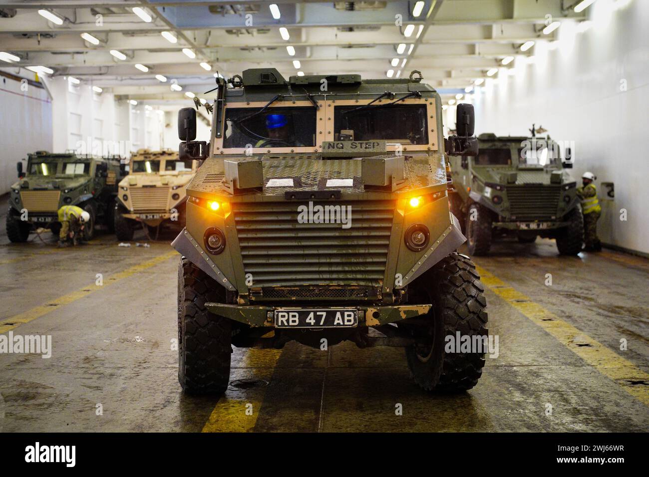 Vehicles and equipment after being loaded onboard MV Anvil Point at the ...